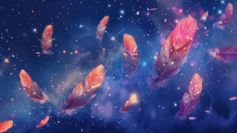 Whimsical Illustration of Magical Feathers with Glowing Patterns in a ...