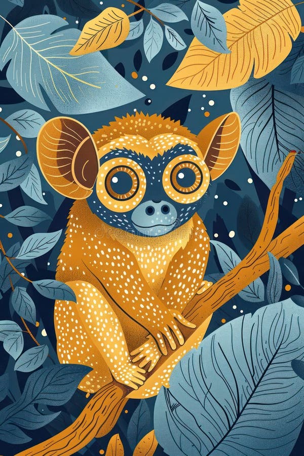 Adorable Golden Tarsier Sitting on Branch, Surrounded by Lush Tropical ...