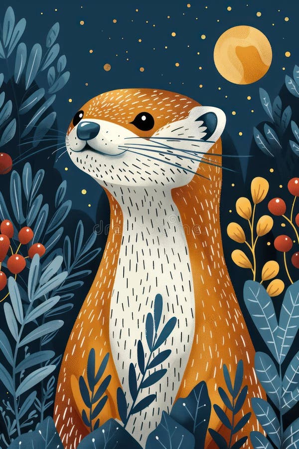 Charming Otter Under Night Sky, Surrounded by Lush Foliage Stock ...