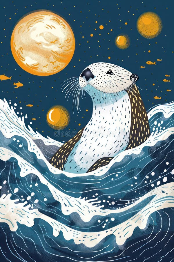 Serene Otter in Cosmic Ocean Waves: a Whimsical Illustration Stock ...
