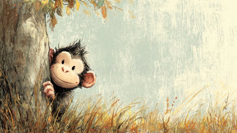 A Whimsical Illustration of a Playful Monkey Peeking Out from Behind a ...