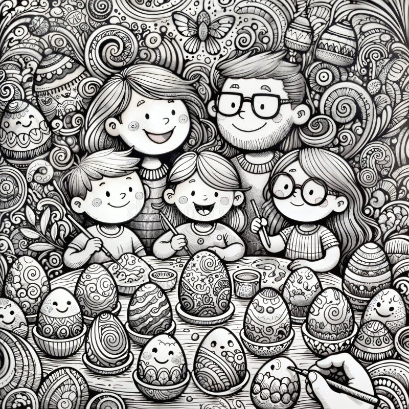 Easter Doddle Illustration Featuring a Family of Five in Front of ...