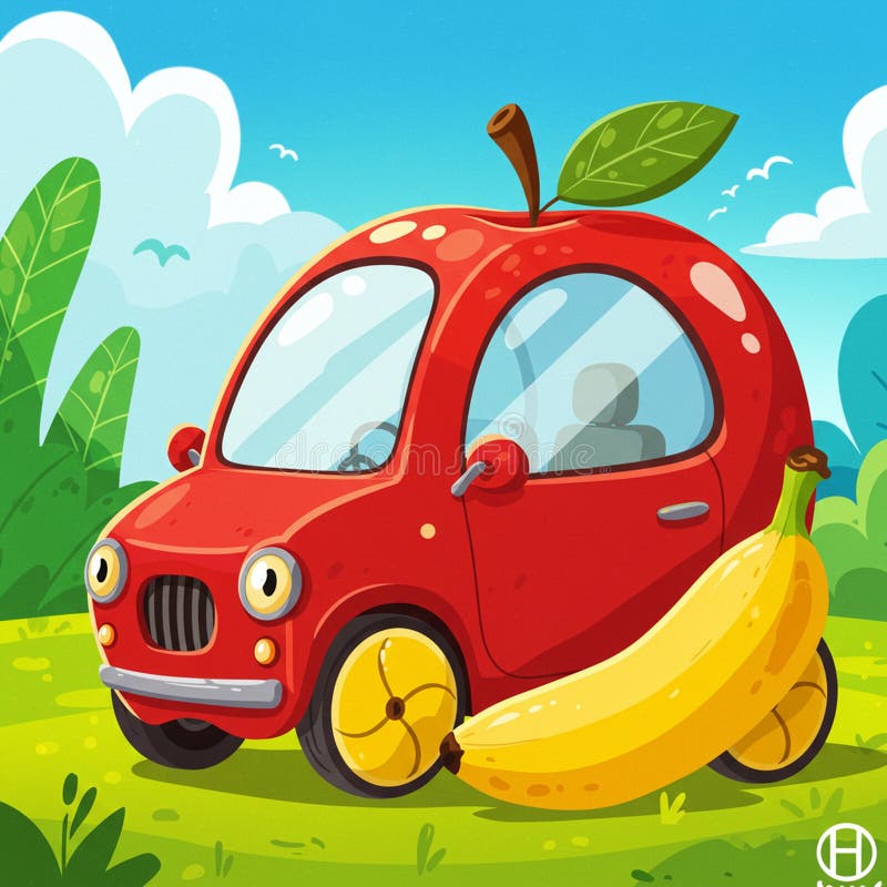 Whimsical Illustration of a Red Car Shaped Like an Apple, Complete with ...