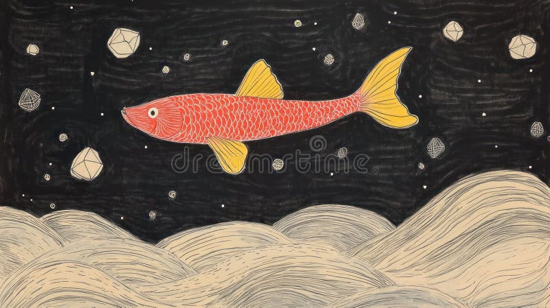 A Whimsical Illustration of a Red Fish Swimming through a Starry Night ...
