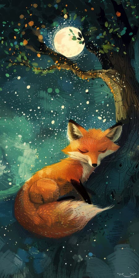 Whimsical Illustration of a Sleeping Fox Under a Moonlit Tree Stock ...