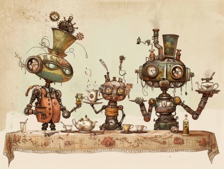 A Whimsical Illustration of a Steampunk Tea Party with Clockwork Guests ...