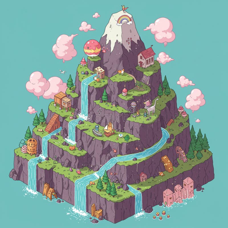 Whimsical Illustration of a Tiered Mountain Landscape with Lush ...