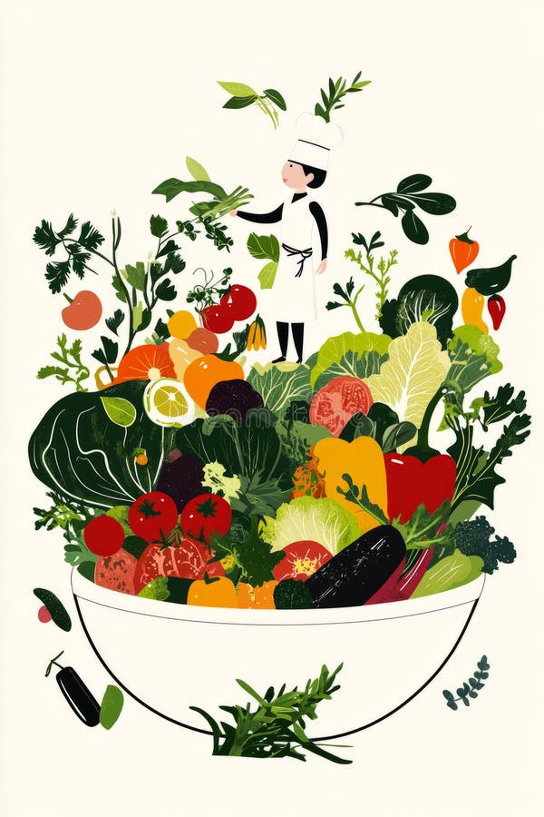 A Whimsical Illustration of a Tiny Chef Preparing a Giant Salad ...