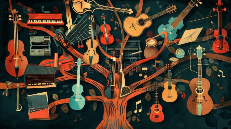 A Whimsical Illustration of a Tree Made of Various Musical Instruments ...