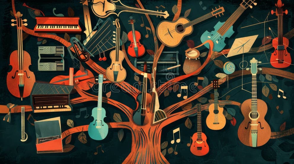 A Whimsical Illustration of a Tree Made of Various Musical Instruments ...