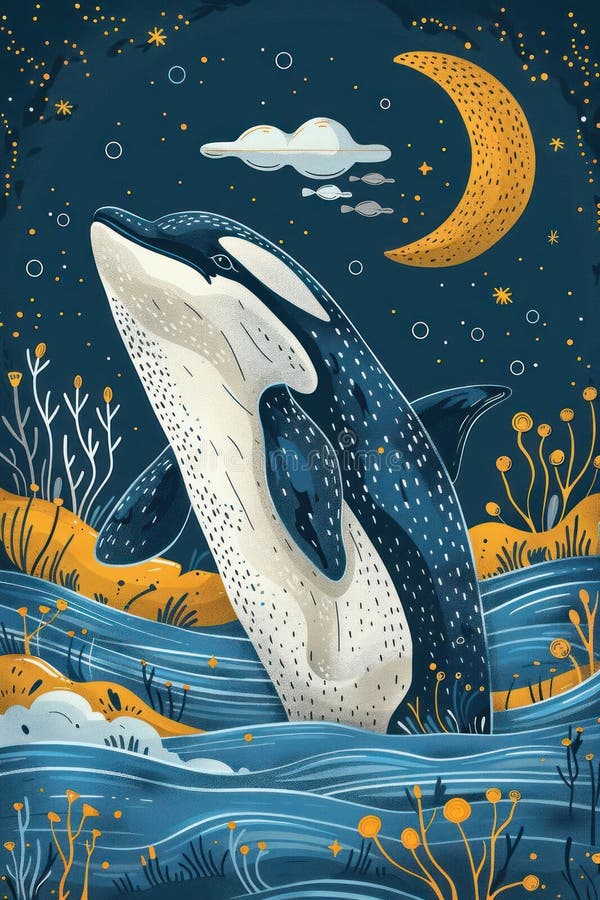 Majestic Orca Whale Leaping Under the Night Sky, Ocean Dreamscape Illustration Stock ...