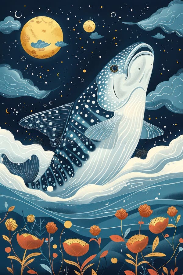 Majestic Whale Shark Leaps through Night Sea, Illuminated by Moon Stock ...