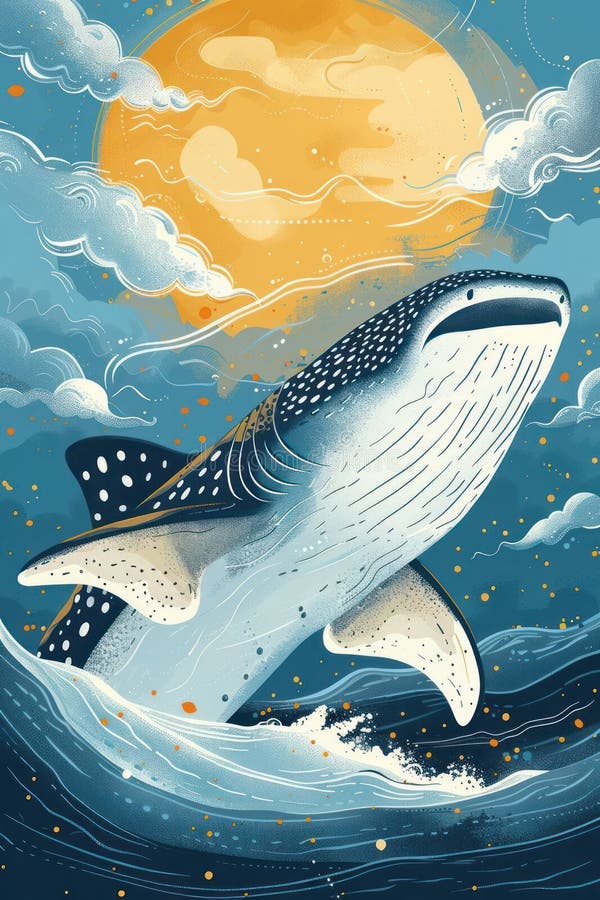 Whale Shark Leaps through Ocean Waves Under a Giant Moon Stock ...