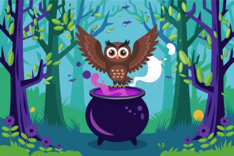 Whimsical Cartoon Owl Brewing Potion Enchanted Forest - Playful ...