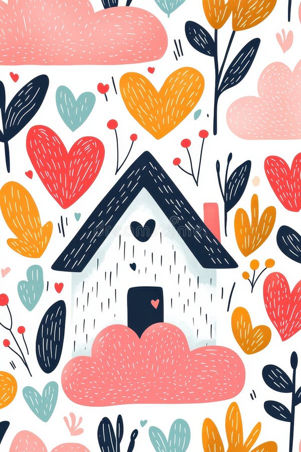 Whimsical Illustrative Home Design with Colorful Plants and Clouds for ...