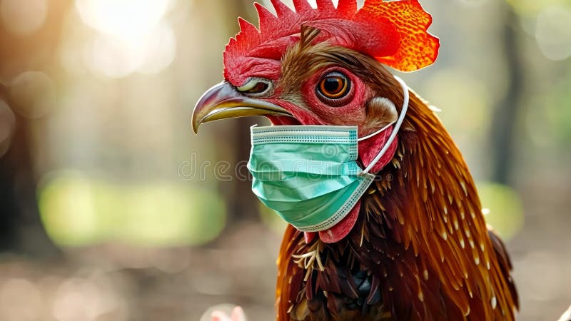 A Whimsical Image of a Chicken Wearing a Green Surgical Mask Outdoors ...