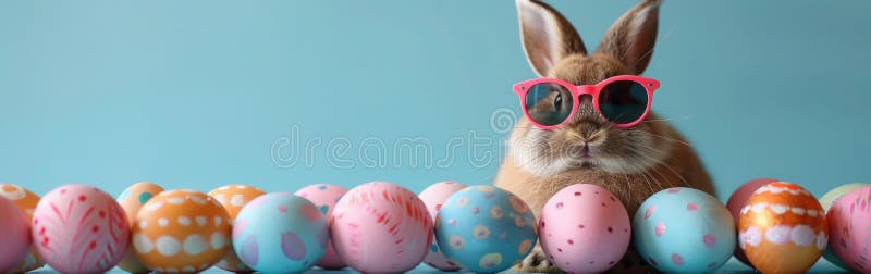 Funky Easter Bunny with Shades & Vibrant Eggs on Blue - Playful ...