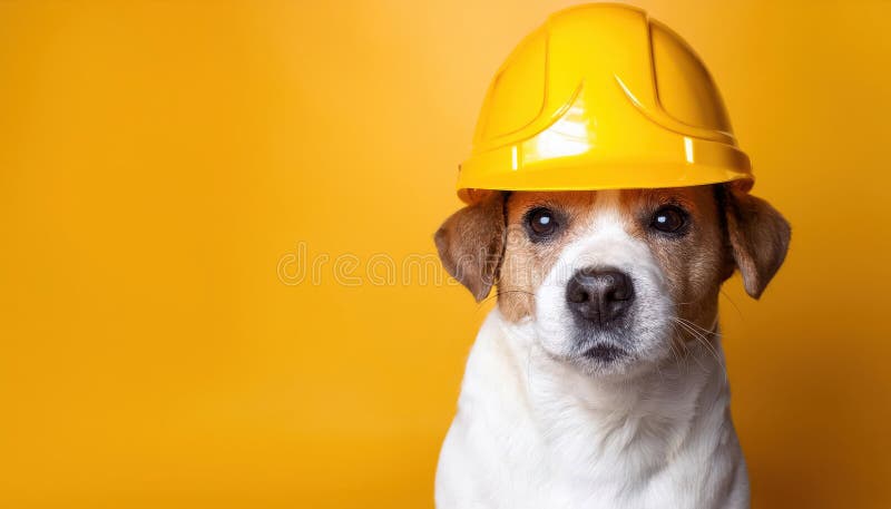 Playful Canine Engineer Pup in Vibrant Yellow Helmet and Outfit Against ...