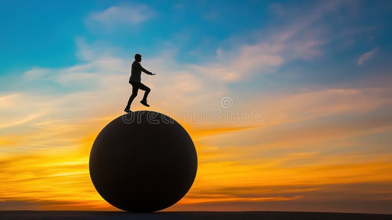 Silhouette of a Man Balancing on a Sphere at Sunset Stock Illustration ...