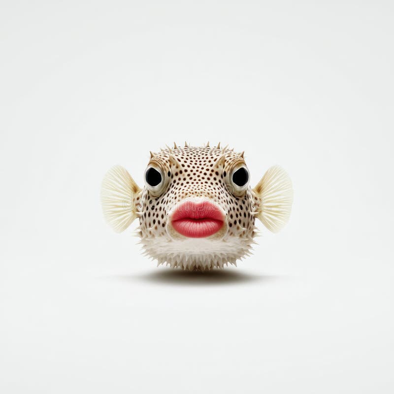A Whimsical Image of a Pufferfish with Oversized Red Lips Against a ...