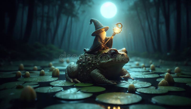 Enchanting Wizard Rides Frog through Mystical Forest Pond Stock ...