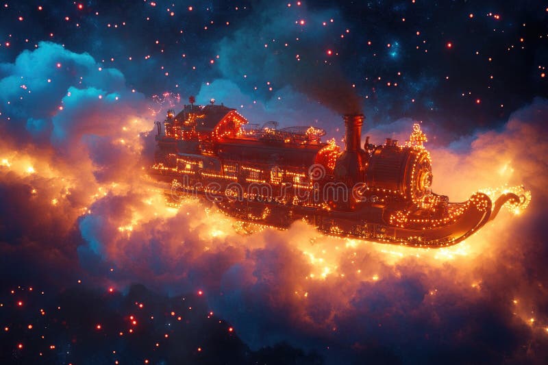 A Whimsical Image of a Steampunk Inspired Train Flying through a ...