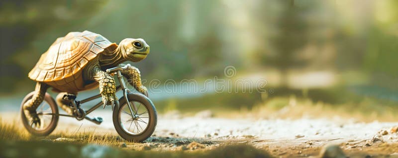 Whimsical Image of a Turtle Riding a Bicycle through an Outdoor Nature ...