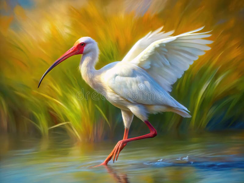 A Whimsical Impression of a White Ibis Taking Flight Soft Brushstrokes ...