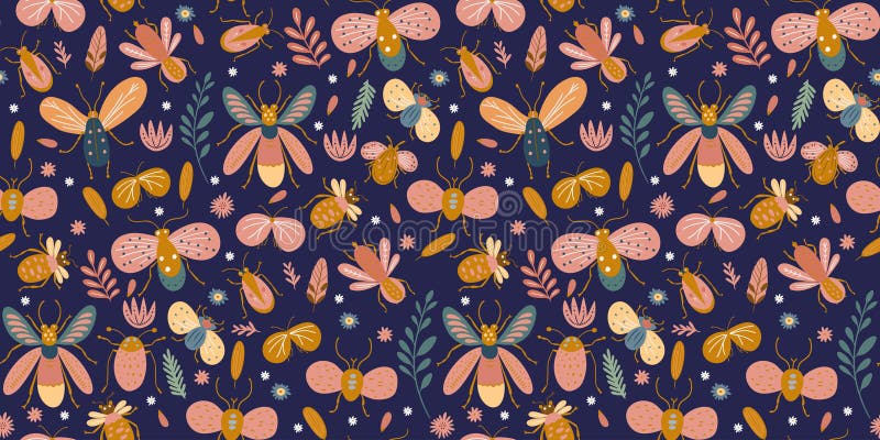 Whimsical Insect Butterfly Bug Moth Seamless Vector Pattern Flower and Leaf in Decorative ...
