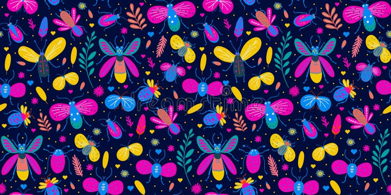 Whimsical Insect Butterfly Bug Moth Seamless Vector Pattern Flower and ...