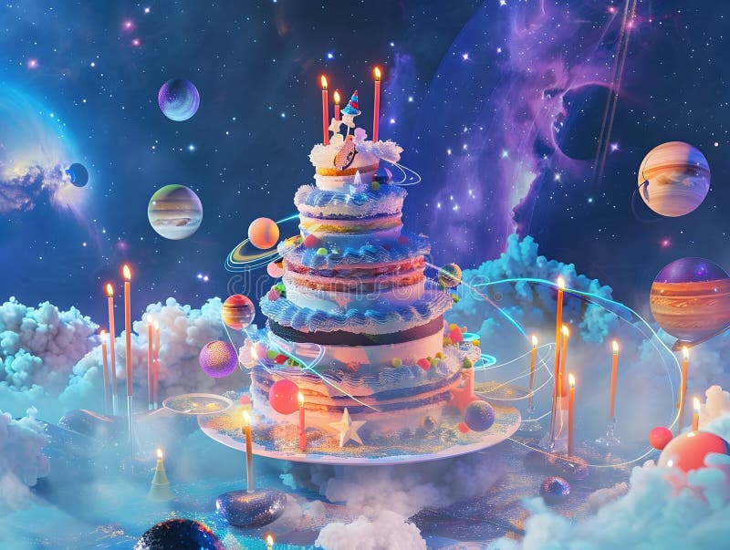 Whimsical Intergalactic Birthday Cake with Floating Candles and Cosmic ...