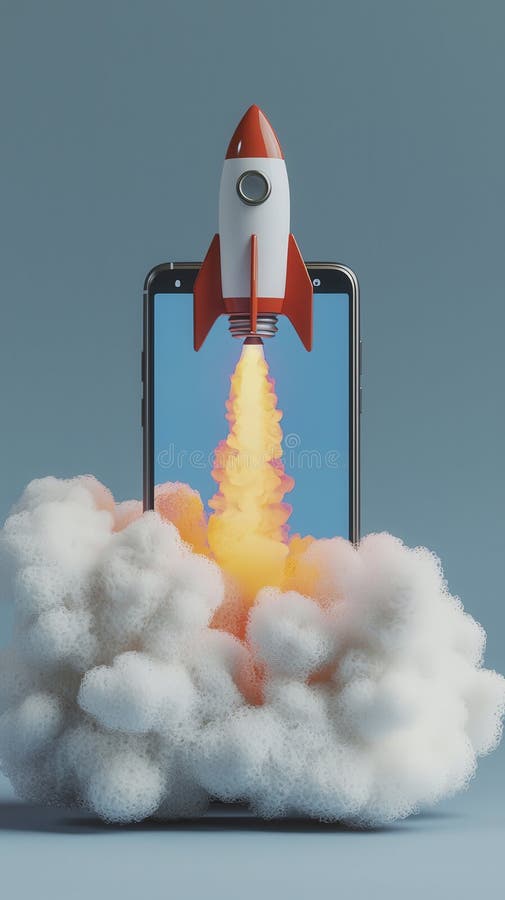 Creative Rocket Launching from Phone with Clouds Stock Illustration ...