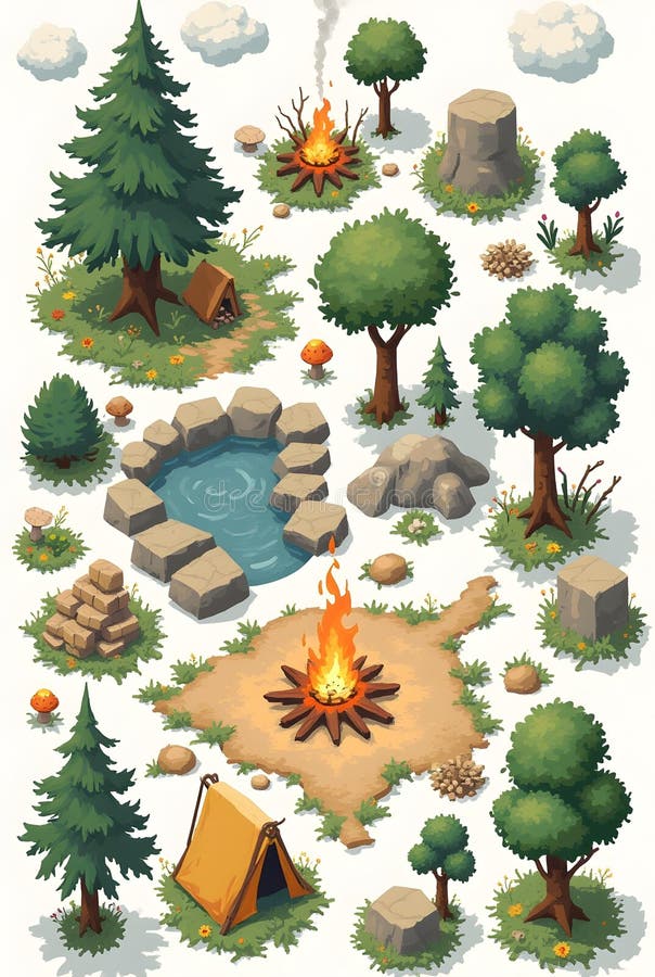 A Whimsical Isometric Camping Scene with Tents, Campfires, Trees, and a ...