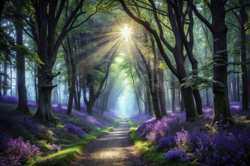 A Whimsical Journey through a Mystical Forest Path Sunlight Dapples a ...