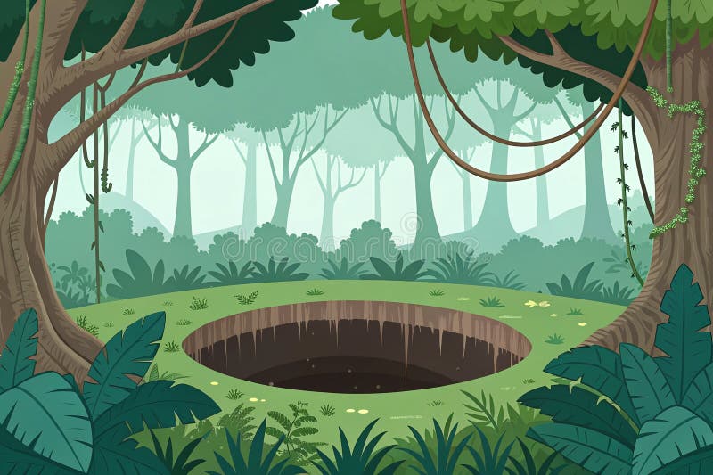 Whimsical Jungle Scene Featuring Deep Pit Surrounded by Lush Greenery ...