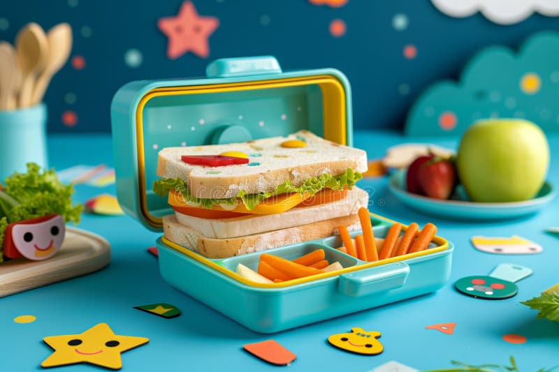 Whimsical Kids Lunch Box with Sandwich and Veggies Stock Photo - Image ...