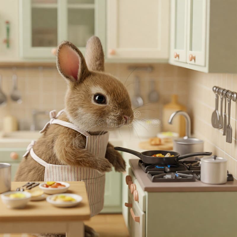 Whimsical Kitchen Scene: Rabbit in Apron Preparing Food Stock ...