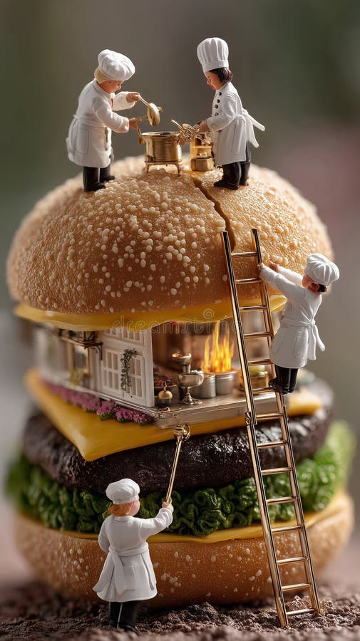 Massive Hamburger Being Constructed by Tiny Chefs in a Whimsical ...