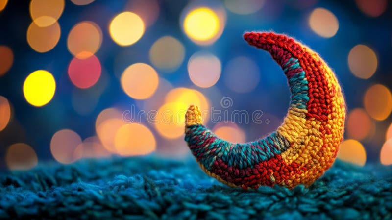 Whimsical Knitted Crescent Moon Under a Dreamy Night Sky Stock ...