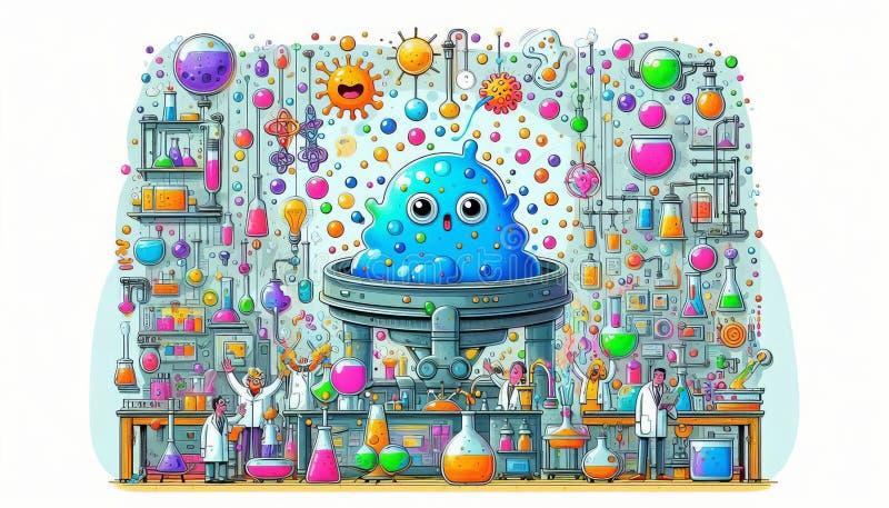 A Whimsical Laboratory Scene Featuring a Large Blue Slime in a ...