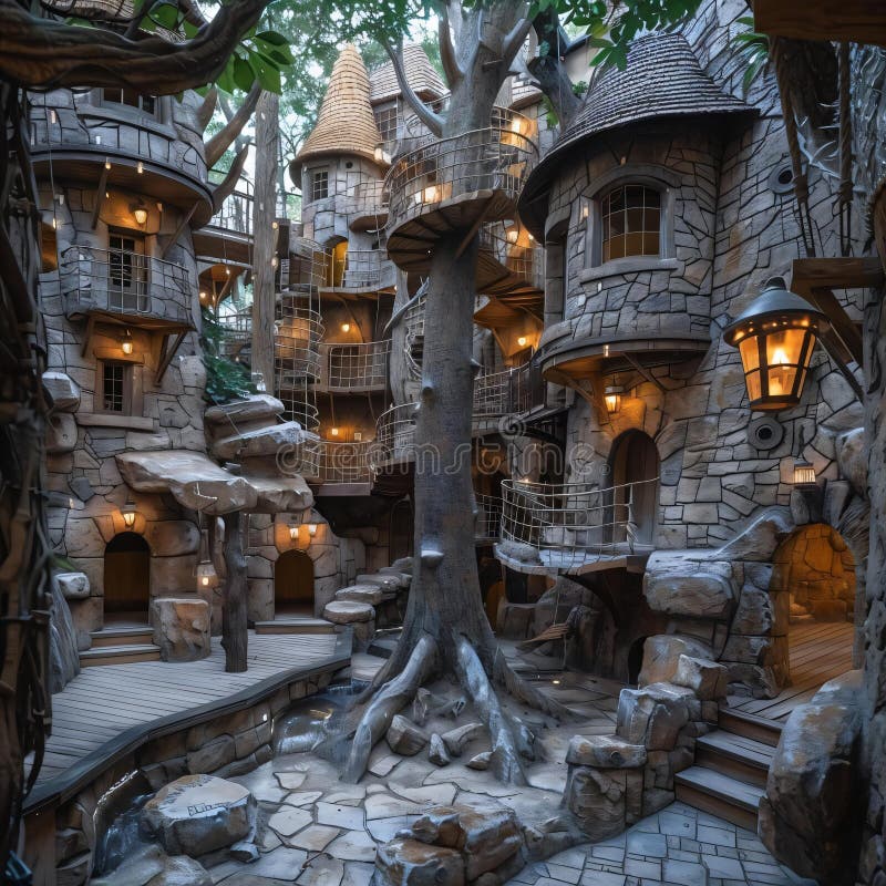 Whimsical Labyrinthine Structure Intricate Stone Walls Lanternlit ...