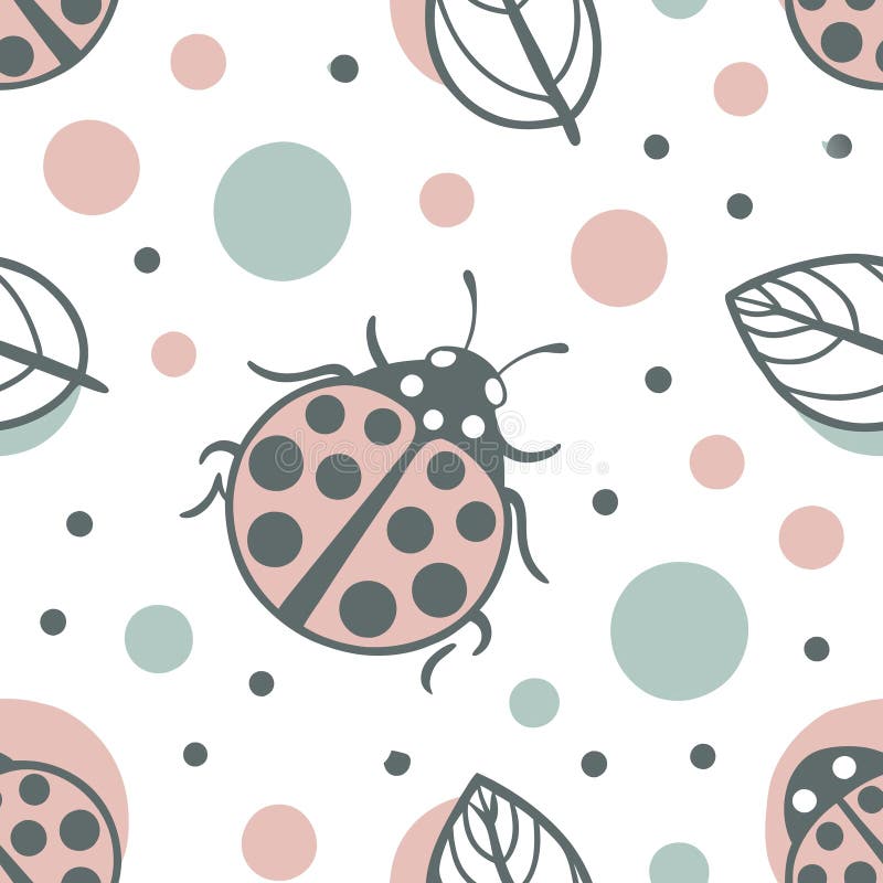 Whimsical Ladybug and Leaf Pattern with Pastel Polka Dots on White ...