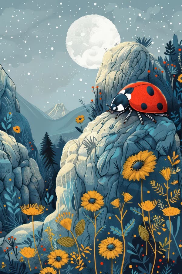 Ladybug on a Rock Under the Moonlight in a Flowery Landscape Stock ...