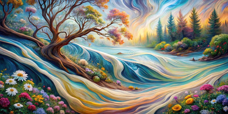Whimsical Landscape Featuring a Tree and Flowing Water in a Vibrant ...