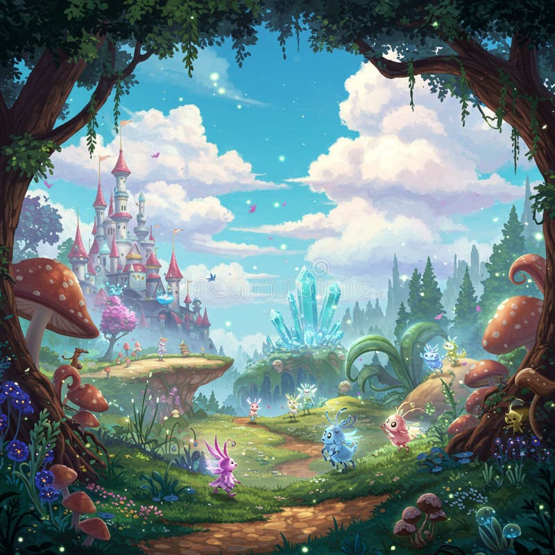 Whimsical Landscape with a Magical Castle Featuring Multiple Spires and ...