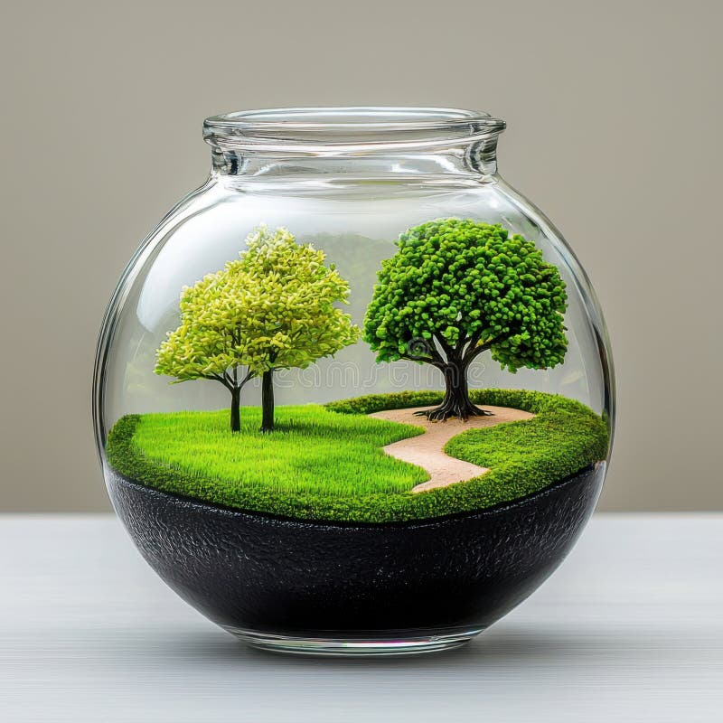 Whimsical Landscapes in Glass Terrarium with Green Trees and Pathway ...