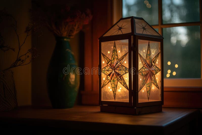 A Whimsical Lantern, with String of Lights and Starburst Pattern, on a ...