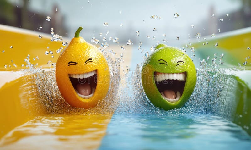 A Lemon and Lime with Smiling Faces Gleefully Splash Down a Vibrant ...