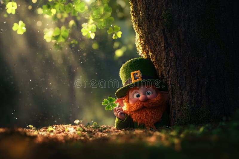 Whimsical Leprechaun with Shamrock in Enchanted Forest Scene Stock ...