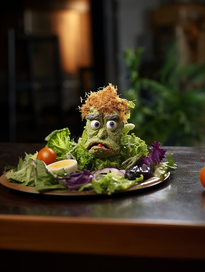 Whimsical Lettuce with Expressive Eyes and Face Served on Plate Stock ...